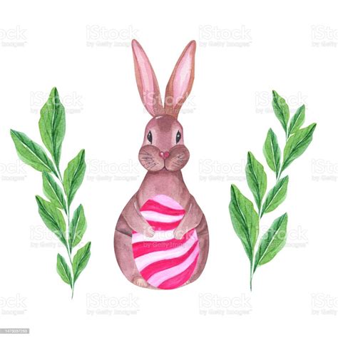 수채화 부활절 토끼 달걀 나뭇잎 세트는 흰색 배경에 격리되어 있습니다 벽지 인쇄 스크랩 배너 디자인 엽서 템플릿에 대 한 손으로