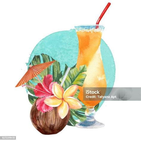 여름 방학 일러스트 세트입니다 수채화 그림 격리된 개체입니다 열대 휴양지에서의 여름 휴가 기념품 엽서 포스터 및 초대장 디자인을 위한 그림 마티니에 대한 스톡 벡터 아트 및