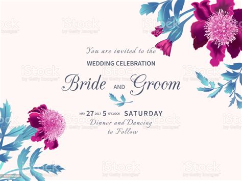 흰색 배경에 뜨거운 분홍색 꽃과 잎 꽃 결혼식 초대장입니다 개화기에 대한 스톡 벡터 아트 및 기타 이미지 개화기 결혼식 구도 Istock