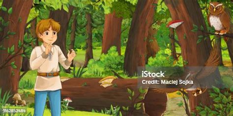 행복 한 어린 소년 아이 왕자 또는 농부와 만화 장면 에서 숲 에서 부딪 치는 쌍의 올빼미 비행 고풍스런에 대한 스톡 벡터 아트 및 기타 이미지 Istock