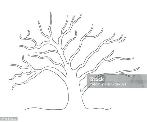 나뭇잎 없는 추상적인 거대한 나무 참나무 연속 한 선 그리기 계절에 대한 스톡 벡터 아트 및 기타 이미지 계절 나무 낙서