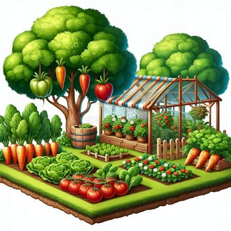 A Vegetable Garden With Many Vegetables Fruits And Trees In A Cartoon