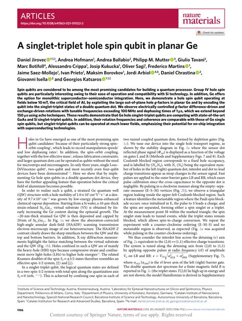 A Singlet Triplet Hole Spin Qubit In Planar Ge Request Pdf