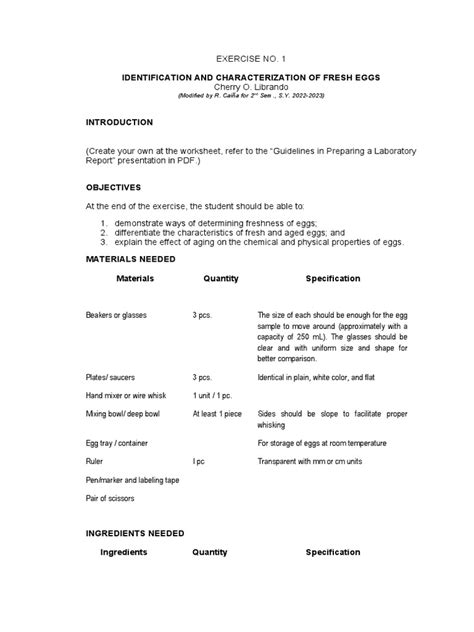 Ex 1 Identification And Characterization Of Fresh Eggs Pdf Egg White Egg