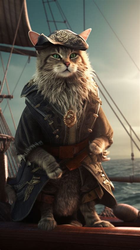 A Cat Dressed Up As A Pirate Sitting On A Boat Katzen Piraten