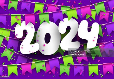 2024년 새해 배경에는 깃발과 색종이 조각이 있는 화려한 카니발 화환으로 만든 배경에 그림자가 있는 흰 종이 번호가 있습니다 2024년에 대한 스톡 벡터 아트 및 기타
