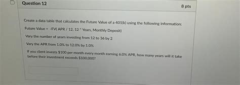 Solved Question 12 8 Pts Create A Data Table That Calculates Chegg Com