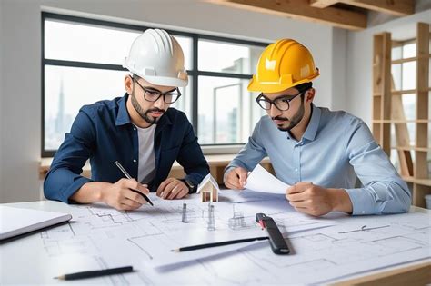 Structural Engineer And Architect Working Desktop With Safety Helmet And Paper Model Houses