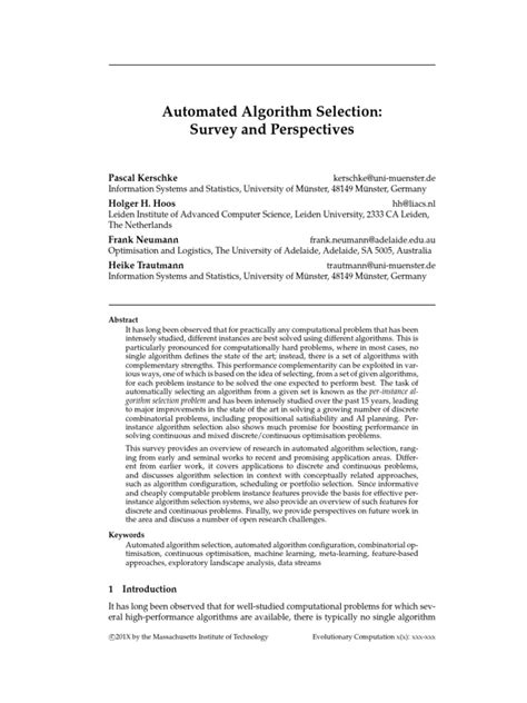 Kerschke Et Al 2018 Automated Algorithm Selection Survey And Perspectives Pdf