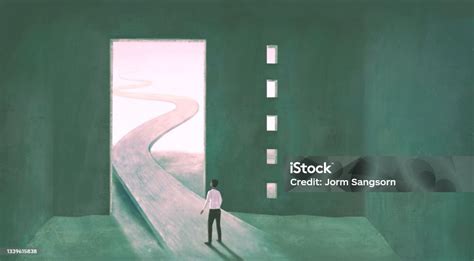 선택의 개념 예술 희망 꿈 방법 사업과 야망 초현실적 인 풍경 회화 떠있는 도로 상상력 작품 개념 적 일러스트 미스터리 풍경을 가진 남자 문에 대한 스톡 벡터 아트 및 기타