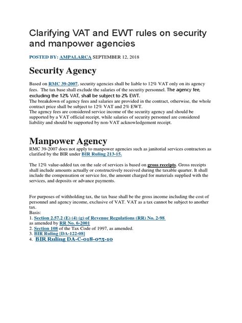 Clarifying Vat And Ewt Rules On Security And Manpower Agencies Pdf