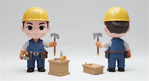 Chibi Korean Carpenter 3d Render Cute Cartoon Character In Blue Uniform And Yellow Hard Hat