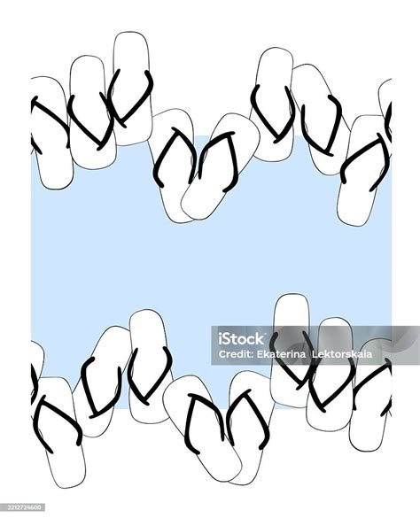 플립 플롭 여름 신발 프레임 텍스트에 대한 원활한 수평 테두리 템플릿 벡터 그래픽 라인 잉크 그림 포장 휴가 디자인 직물 및 직물을 위해 개념에 대한 스톡 벡터 아트 및