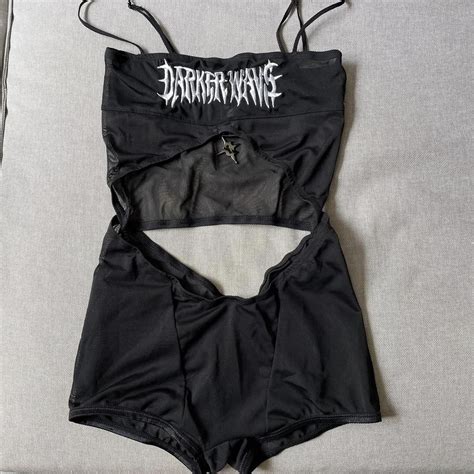 DARKER WAVS Snare Mesh Cut Out Romper Logo Charm Depop