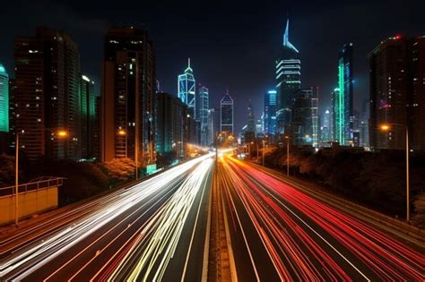Premium Ai Image Ai Generative A Dynamic Cityscape At Night With Streaks Of Light From Passing