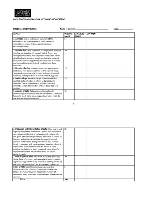Dissertation Score Evaluation Sheet Pdf Data Methodology