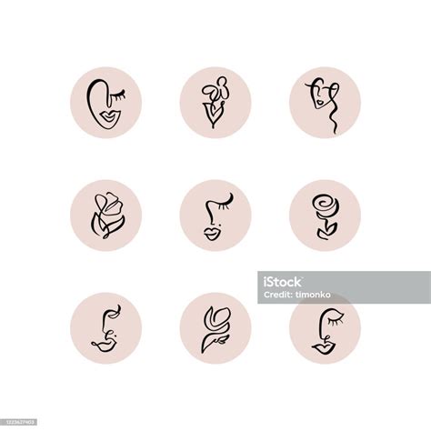 벡터 세트 디자인 화려한 템플릿 아이콘과 상징 소셜 미디어 이야기 하이라이트 꽃과 얼굴 트렌디 한 하나의 선형 스타일의 다른 블로거 아이콘 가리기에 대한 스톡 벡터 아트 및
