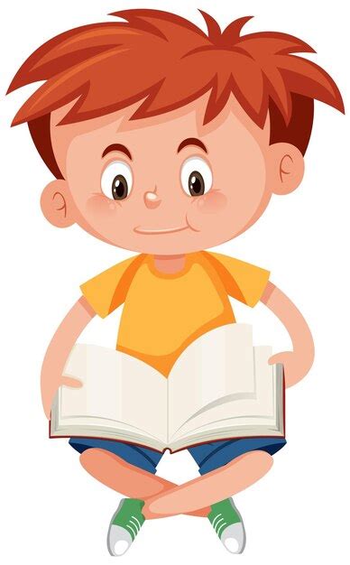 앉아서 책을 읽는 귀여운 소년 프리미엄 벡터