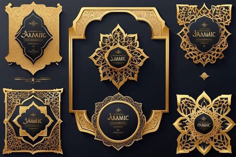 럭셔리 골든 아랍어 이슬람 텍스트 박스 타이틀 프레임 장식 일러스트레이션과 함께 경계 세트 프리미엄 Ai 생성 이미지