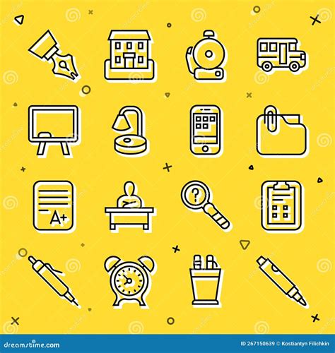 Set Line Marker Pen Exam Sheet With Check Mark Document Folder Clip Ringing Alarm Bell Table