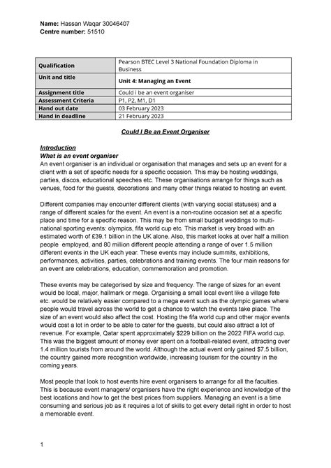 Unit 4 Managing An Event Assignment Name Hassan Waqar 30046407
