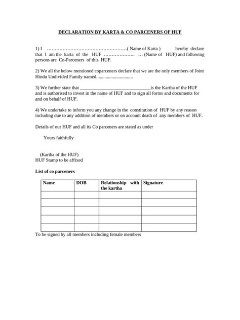 Huf Declaration Format Pdf