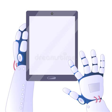 Robot`s Hands Holding Tablet With Blank Screen Artificial Intelligence Concept Stock