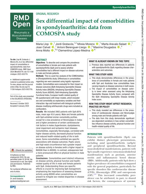 Pdf Sex Differential Impact Of Comorbidities In Spondyloarthritis