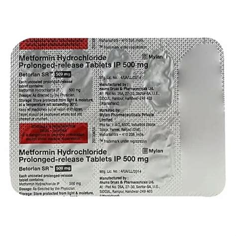 Metformin Hydrochloride Prolonged Release Tablets Ip 500 Mg At ₹ 16