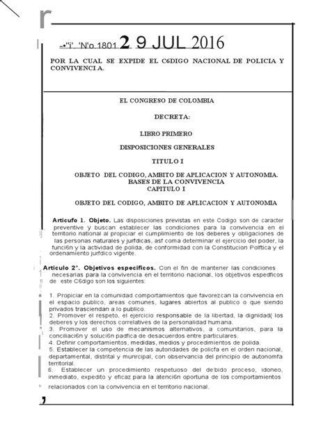 Ley 1801 Codigo Nacional Policia Convivencia | PDF | Libertad | Policía