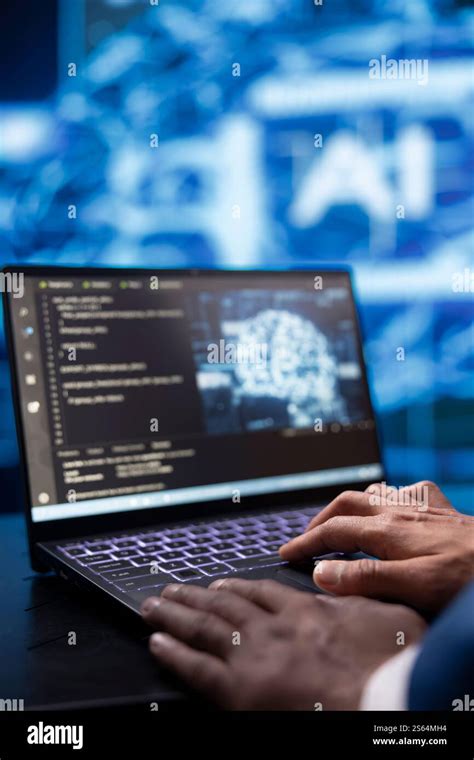 System Administrator Analyzing Complex Ai Brain Models On Laptop Close
