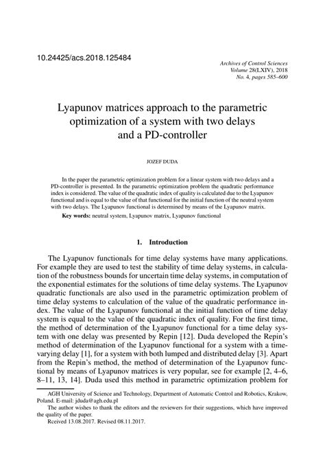 Pdf Lyapunov Matrices Approach To The Parametric Optimization Of A System With Two Delays And