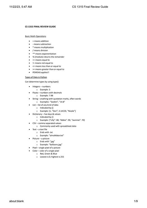Solution Cs 1315 Final Review Guide Intro Media Computation Cs 1315