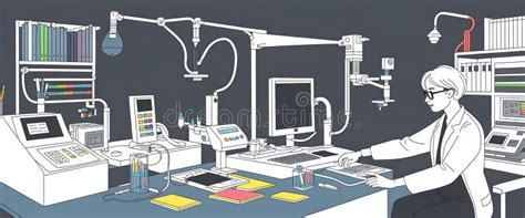 Illustrative Abstract Depiction In Fine Line Drawing Of A Scientist Performing Scientific