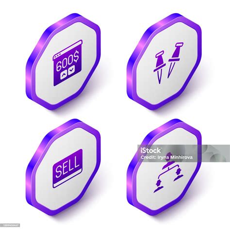 달러 푸시 핀 판매 버튼 및 직원 계층 구조 아이콘으로 등등 측정 모니터를 설정합니다 보라색 육각 버튼 벡터 3차원 형태에 대한 스톡 벡터 아트 및 기타 이미지 Istock