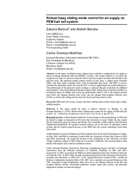Pdf Robust Fuzzy Sliding Mode Control For Air Supply On Pem Fuel Cell
