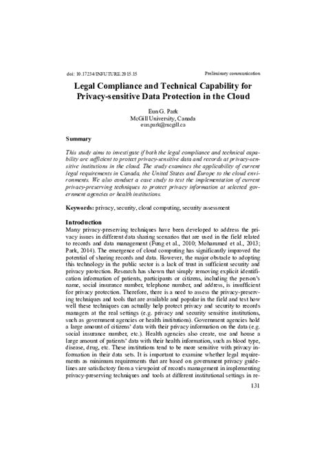 Pdf Legal Compliance And Technical Capability For Privacy Sensitive Data Protection In The Cloud