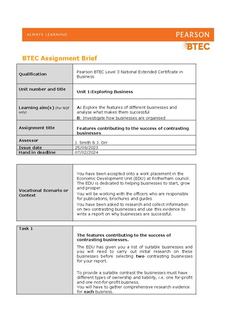 Unit 1 Assignment Brief Btec Assignment Brief Qualification Pearson Btec Level 3 National