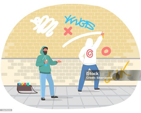 거리 훌리건 낙서 화가 공공 건물을 손상 페인트 스프레이 벽돌 벽을 그림 기물 파손 벡터 벽돌 담에 대한 스톡 벡터 아트 및 기타 이미지 Istock