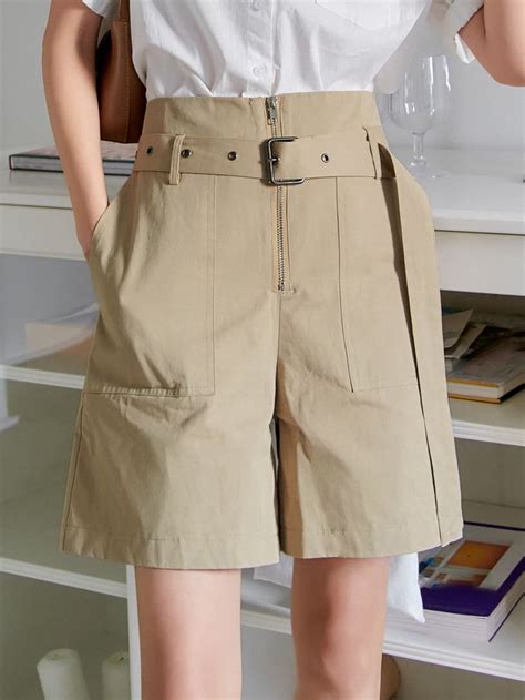 High Waist Zipper Fly Grommet Buckled Belted Shorts