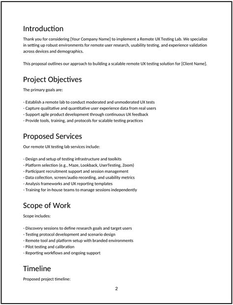 Remote Ux Testing Lab Proposal Free Template