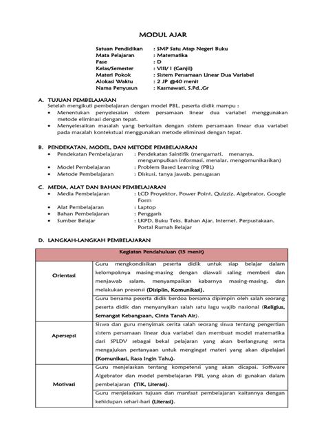Modul Ajar Matematika Sistem Persamaan Linear Dua Variabel Fase D Pdf