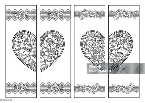 책 인쇄 북마크 색칠 멘디 스타일의 하트와 꽃 패턴이있는 흑백 라벨 세트 컬러 연필어린이와 어른의 창의력을 위한 장식품 스케치 검은색에 대한 스톡 벡터 아트 및 기타 이미지
