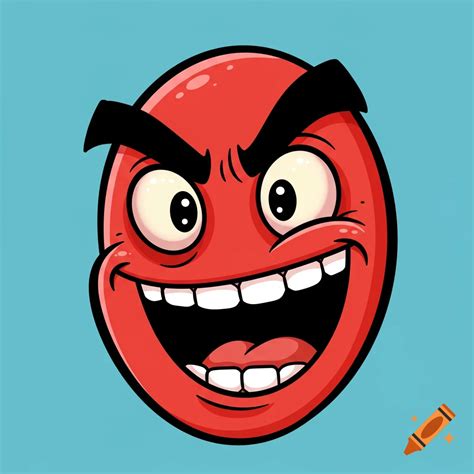 A Red Cartoon Face With Wide Eyes Furrowed Brows And A Large Grin On Craiyon