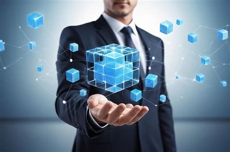 Businessman On Blurred Background Holding Floating Blue Shiny Cube Network 3d Rendering