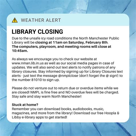 Library Closure North Manchester Public Library
