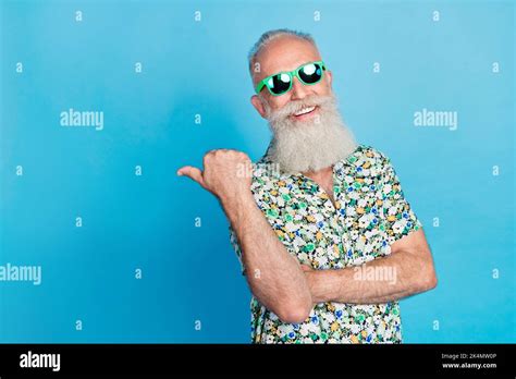 Closeup Photo Of Old Gray Mustache Bearded Positive Smile Finger Point