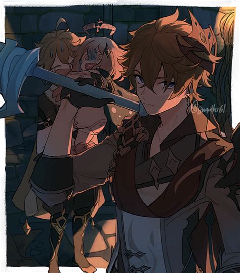 Aether Tartaglia And Paimon Genshin Impact Drawn By Suitchi Gn Othi Danbooru