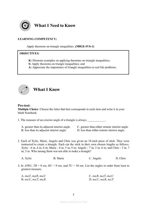 Mathematics Quarter 4 Module 2 Theorems On Triangle Inequalities Grade 8 Modules