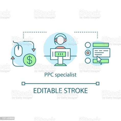 Ppc 전문가 개념 아이콘입니다 디지털 마케팅 전문 아이디어 얇은 라인 일러스트 유료 검색 분석가 마케팅 클릭당 관리 비용을 지불합니다 벡터 절연 윤곽선 도면 편집 가능한
